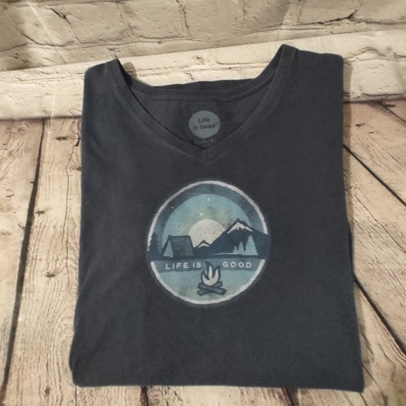 Life Is Good | Tops | Life Is Good Womens V Neck Blue Camping Graphic ...